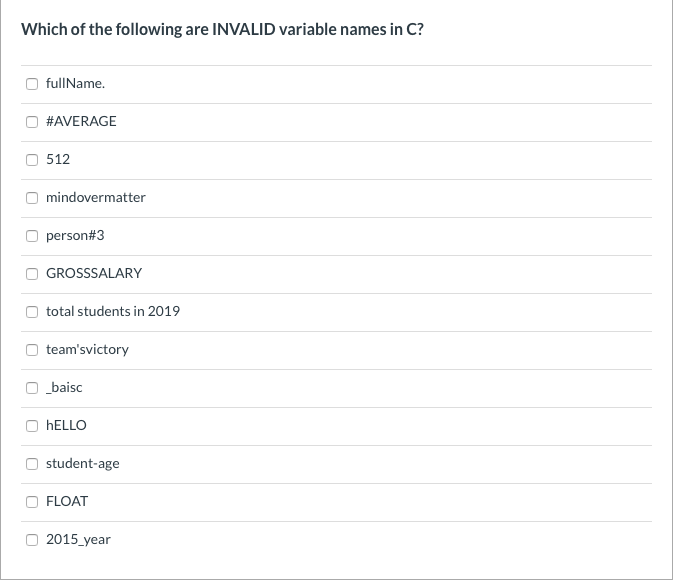 Solved Which of the following are INVALID variable names in | Chegg.com