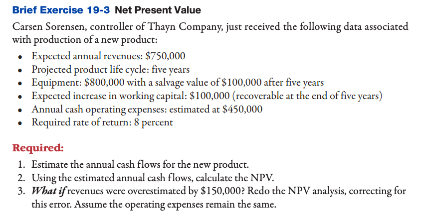 Solved Brief Exercise 19-3 Net Present Value Carsen | Chegg.com