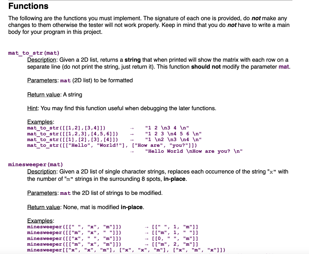 Solved Functions The following are the functions you must | Chegg.com