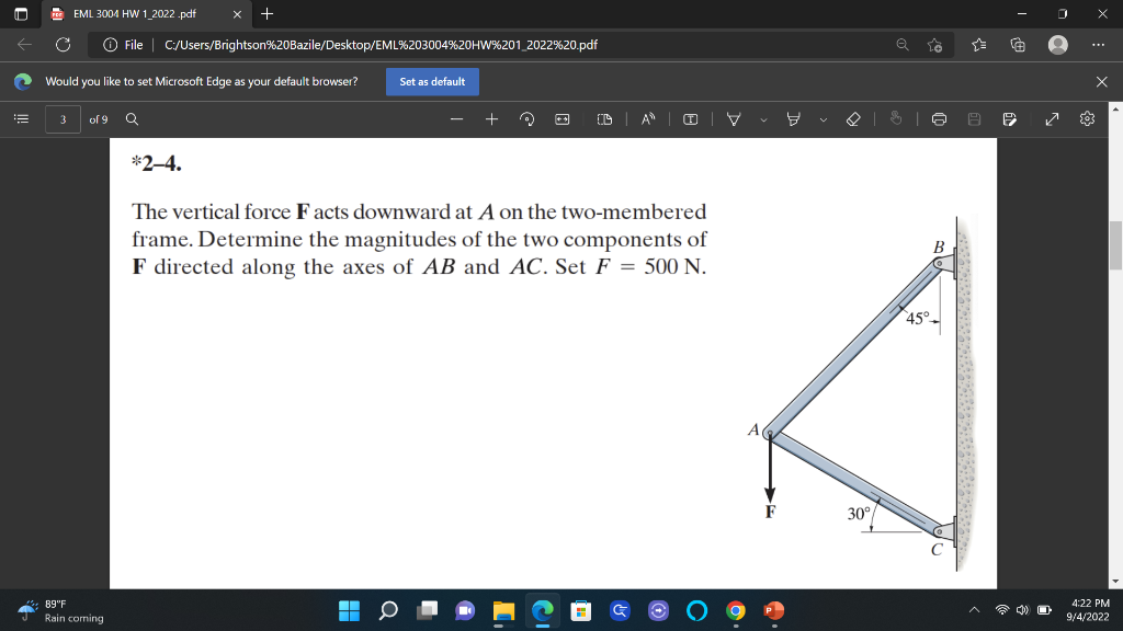 Solved The vertical force F acts downward at A on the | Chegg.com