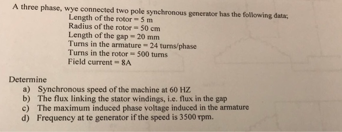 Solved A three phase, wye connected two pole synchronous | Chegg.com