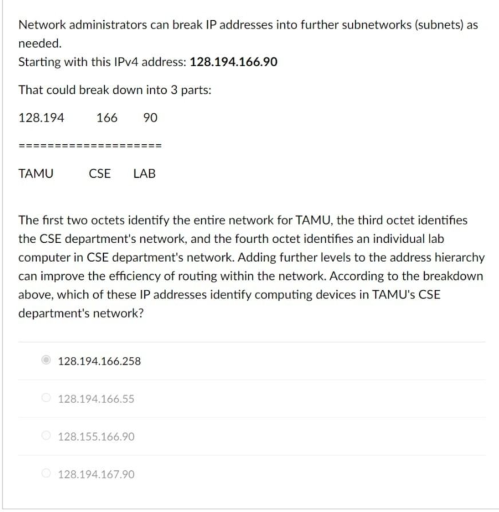 Solved Network administrators can break IP addresses into | Chegg.com
