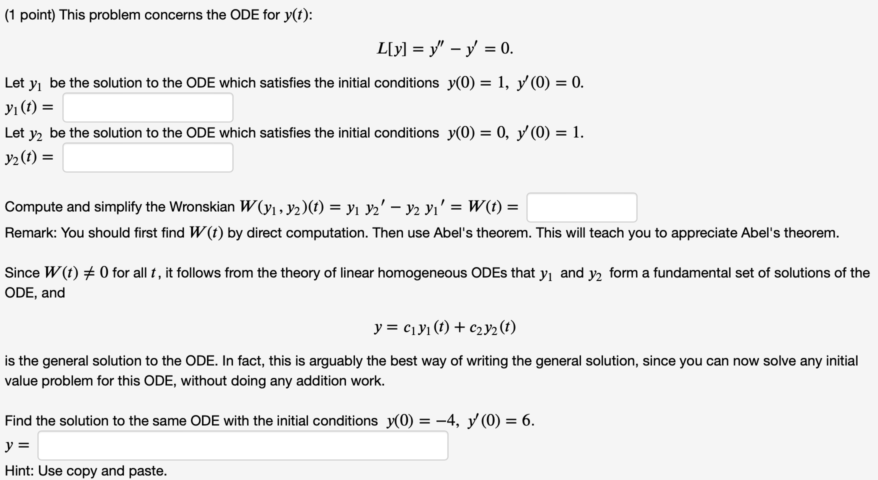 Solved (1 point) This problem concerns the ODE for y(t) : | Chegg.com