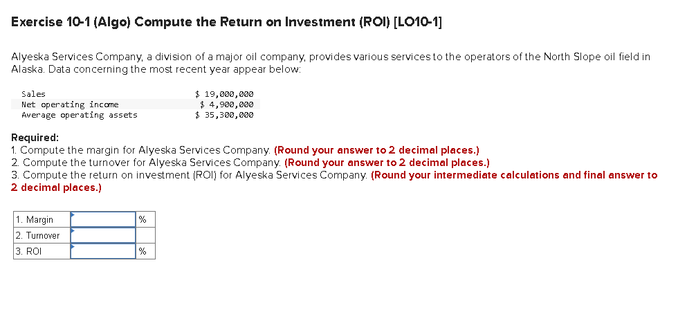 Solved Exercise 10-1 (Algo) ﻿Compute the Return on | Chegg.com