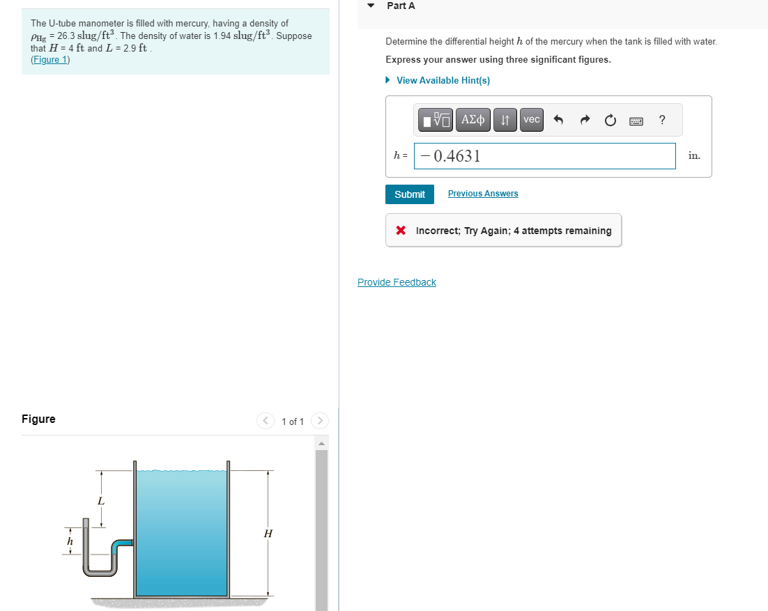 Solved The U-tube manometer is filled with mercury, having a | Chegg.com