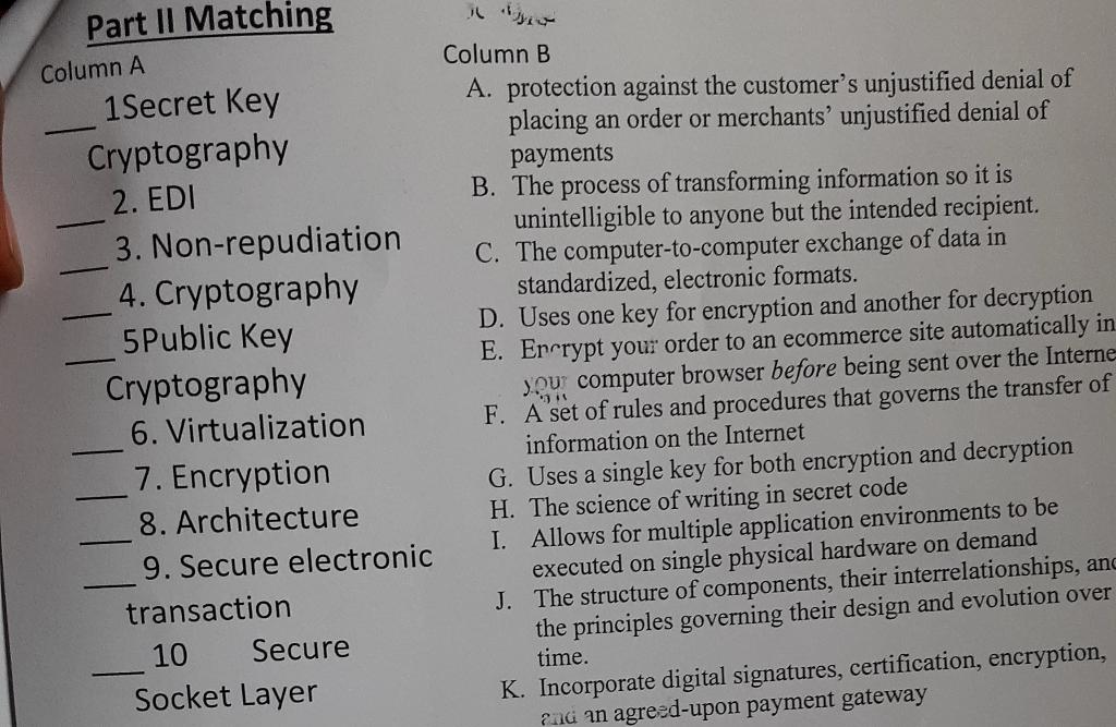 Solved Part II Matching Column A 1 Secret Key Cryptography | Chegg.com