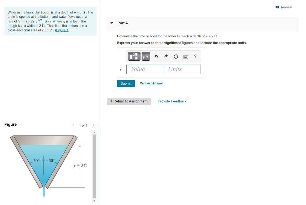 Solved A Review Water in the triangular trough is at a depth | Chegg.com