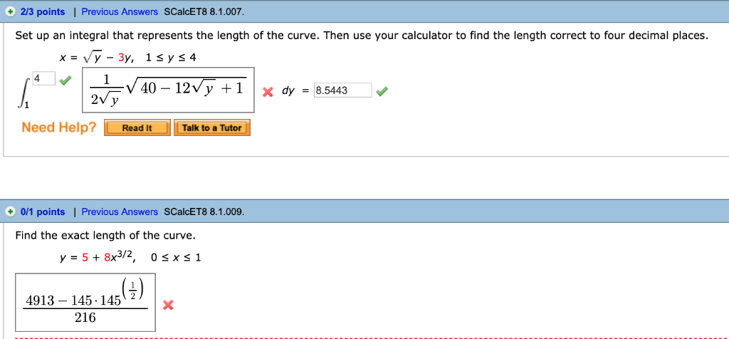 Solved 2/3 points | Previous Answers SCalcET8 8.1.007. Set | Chegg.com