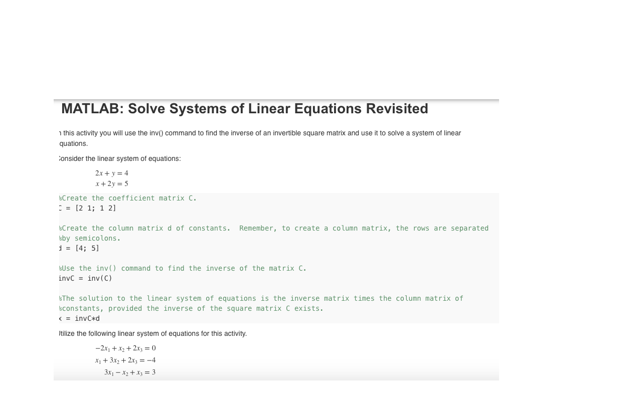 Solved MATLAB Solve Systems Of Linear Equations Revisited Chegg