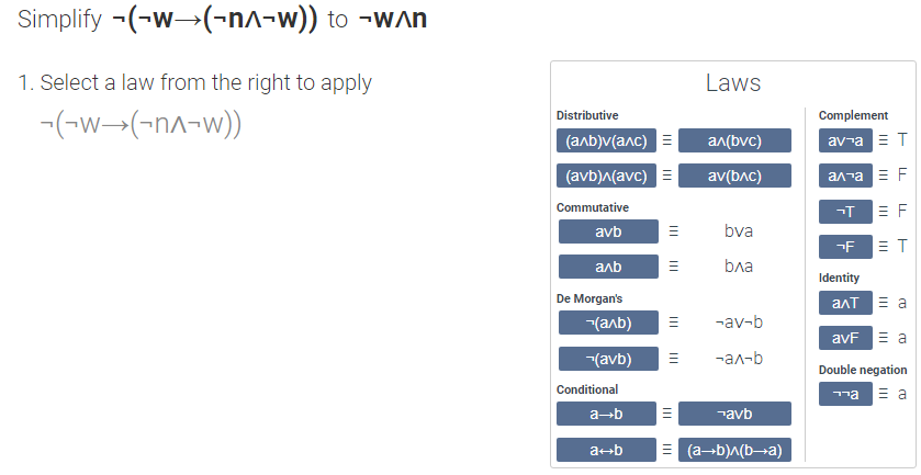 Solved Simplify (nn) to F 1. Select a law from the right to | Chegg.com