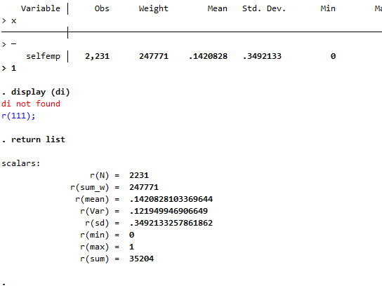 Solved Variable Obs Weight Mean Std. Dev. Min Ma selfemp | | Chegg.com