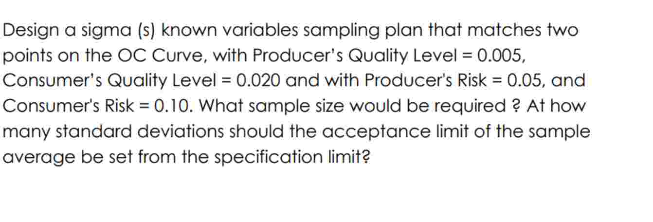 Solved Design a sigma (s) ﻿known variables sampling plan | Chegg.com