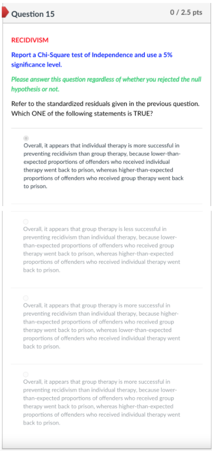 Use the information below to answer the RECIDIVISM | Chegg.com