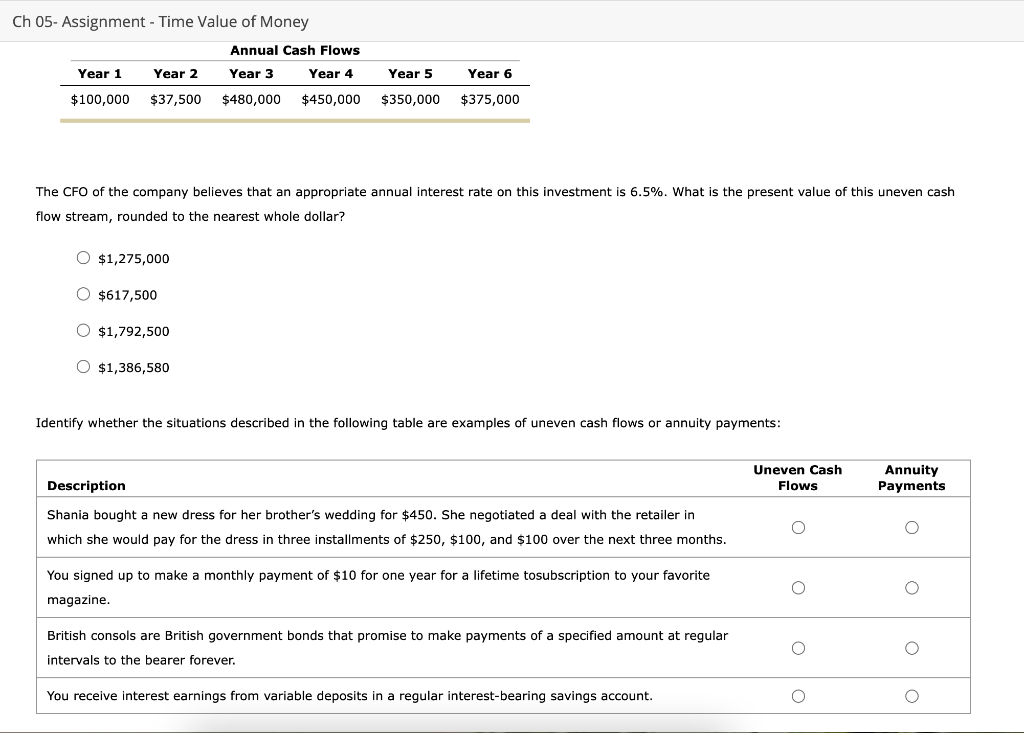 Solved Ch 05- Assignment - Time Value of Money flow stream, | Chegg.com