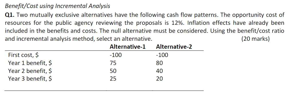 Solved Benefit/Cost using Incremental AnalysisQ1. ﻿Two | Chegg.com