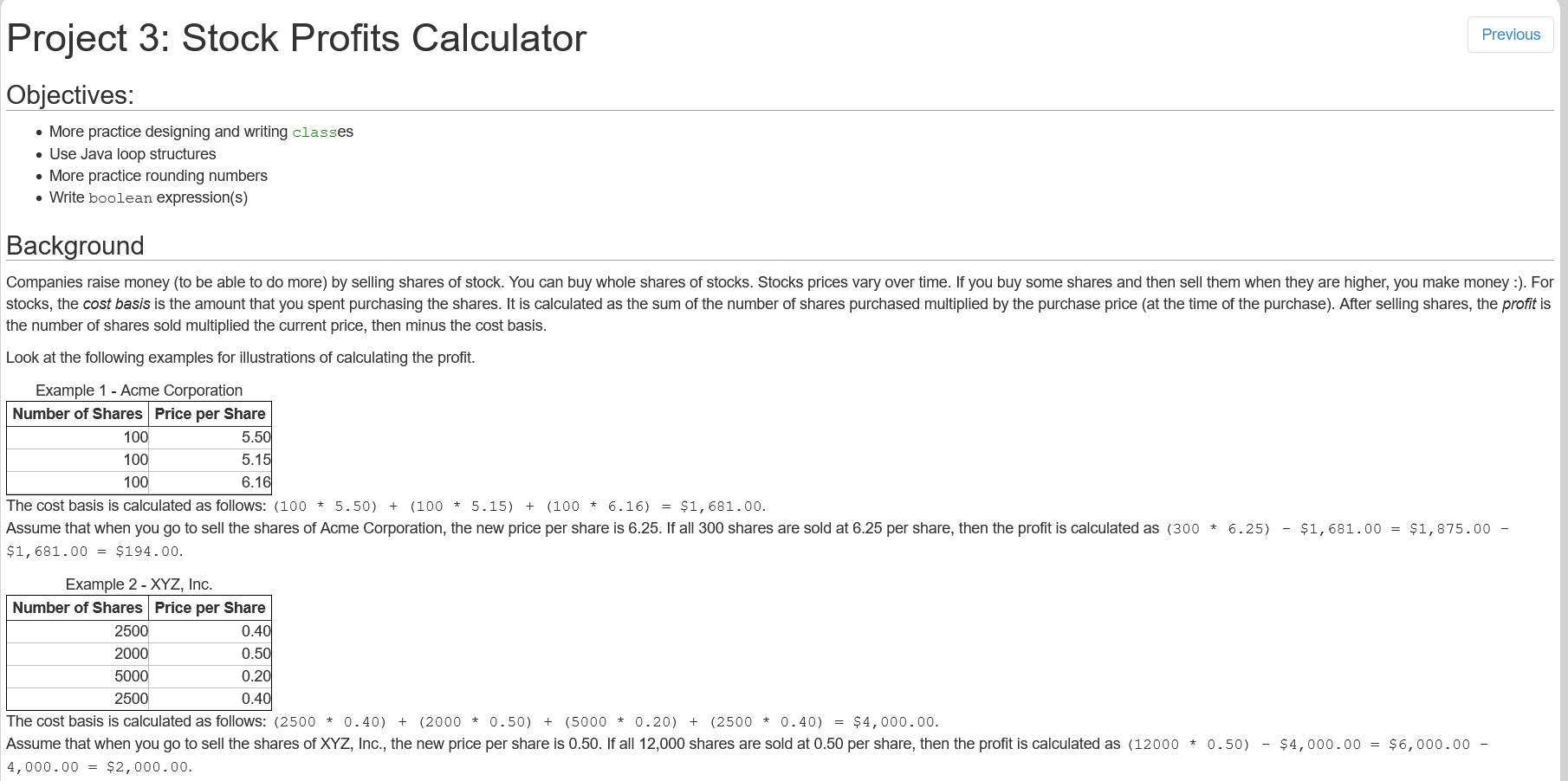 Solved Project 3: Stock Profits Calculator Previous | Chegg.com