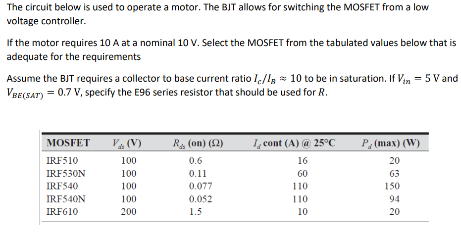 Solved The circuit below is used to operate a motor. The BJT | Chegg.com