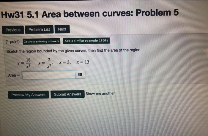 Solved Hw31 5.1 Area between curves: Problem 5 Previous | Chegg.com