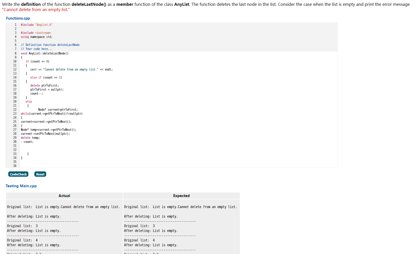 Solved ain.cpp Actual Expected Original list: List is | Chegg.com