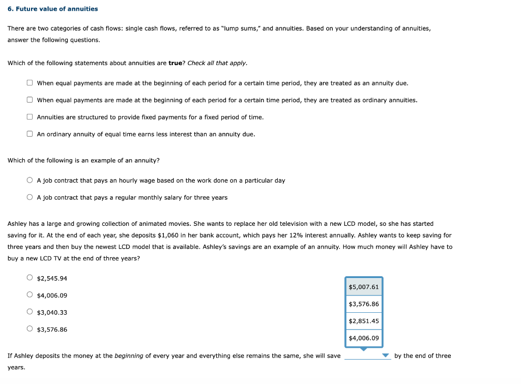Solved 6. Future value of annuities There are two categories | Chegg.com