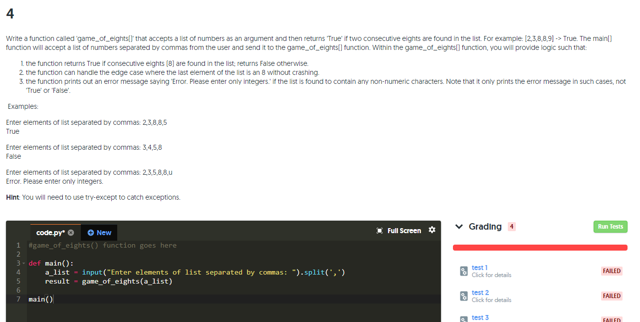 Solved 4 Write a function called 'game_of_eights()' that | Chegg.com