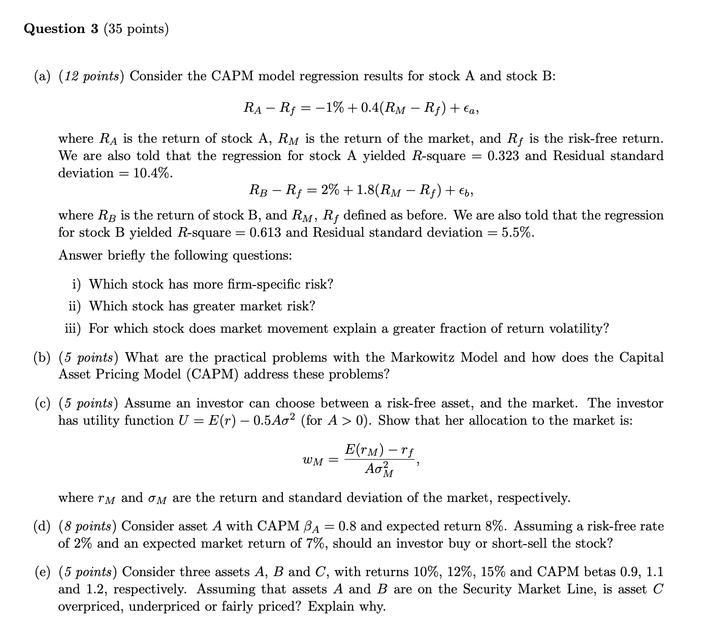 Solved (a) (12 points) Consider the CAPM model regression | Chegg.com