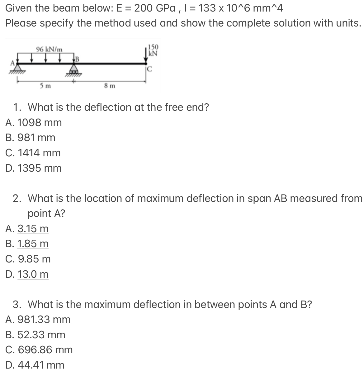 Solved Given the beam below: E=200GPa,I=133x 10^6 | Chegg.com