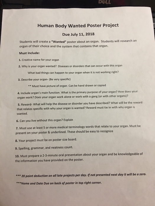 Solved Human Body Wanted Poster Project Due July 11, 2018 | Chegg.com