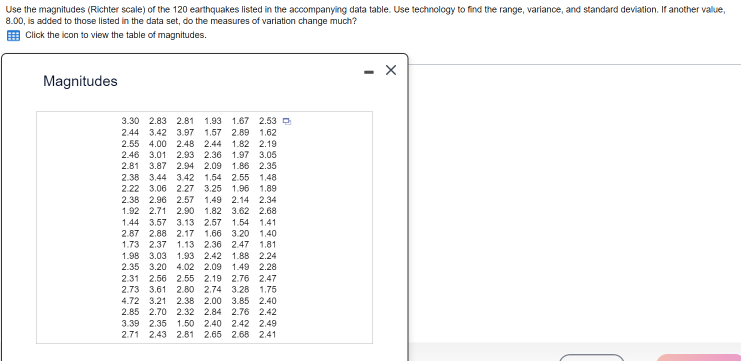 Solved Use the magnitudes (Richter scale) of the 120 | Chegg.com