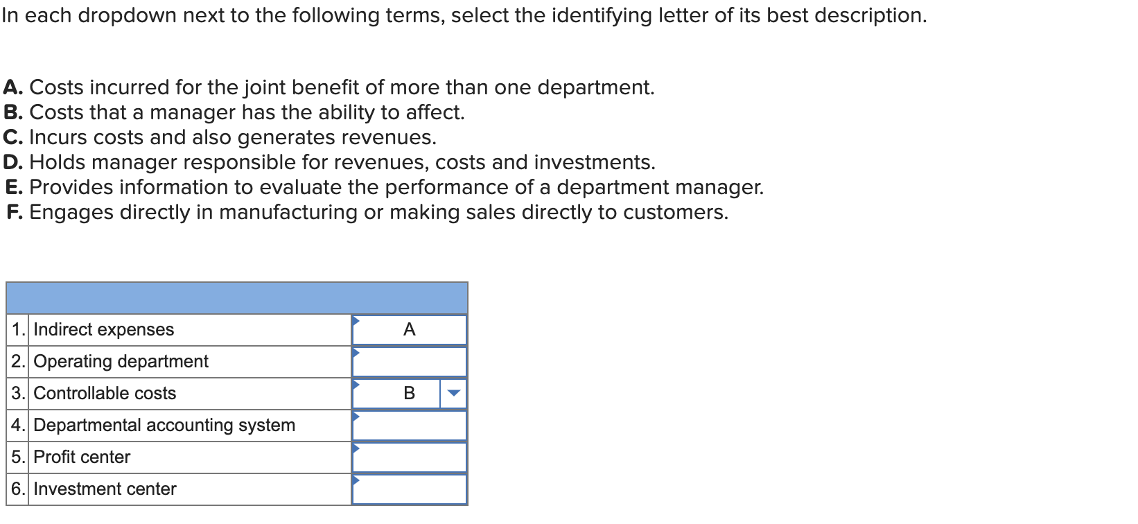 Solved In each dropdown next to the following terms, select | Chegg.com