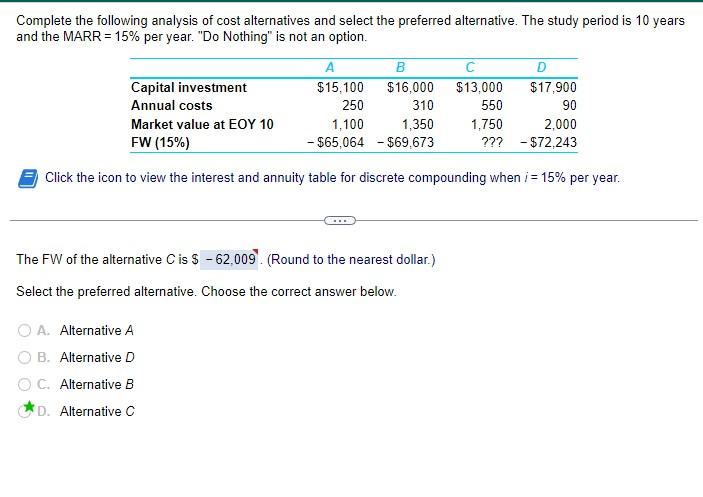 Solved Complete the following analysis of cost alternatives | Chegg.com