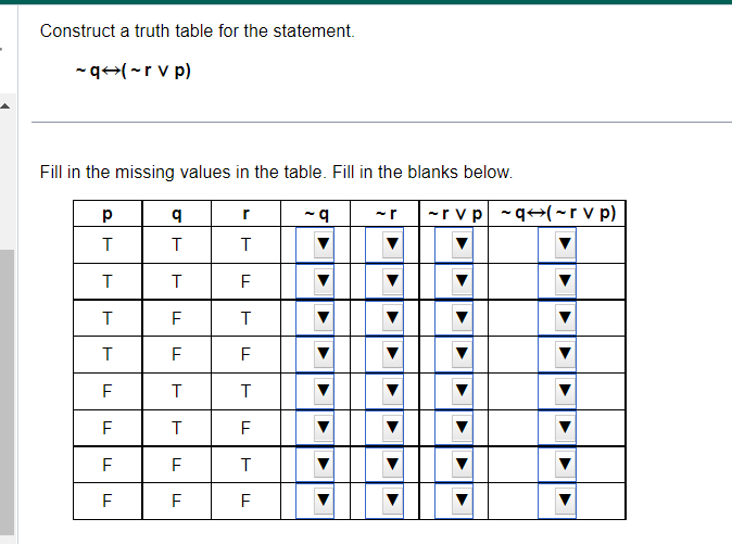 Solved Construct a truth table for the statement. ∼q↔(∼r∨p) | Chegg.com
