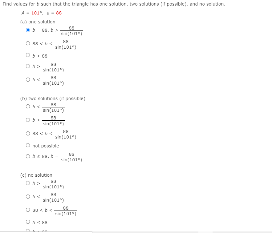 Solved Find values for b such that the triangle has one | Chegg.com