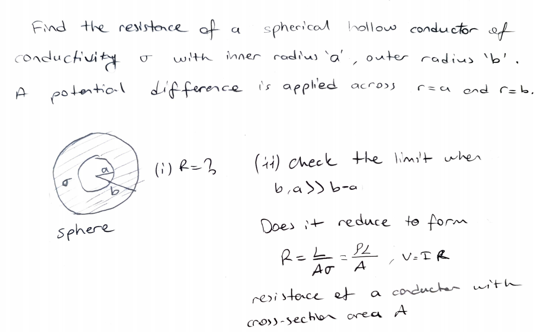 Solved Find the resistance of a spherical hollow conductor | Chegg.com