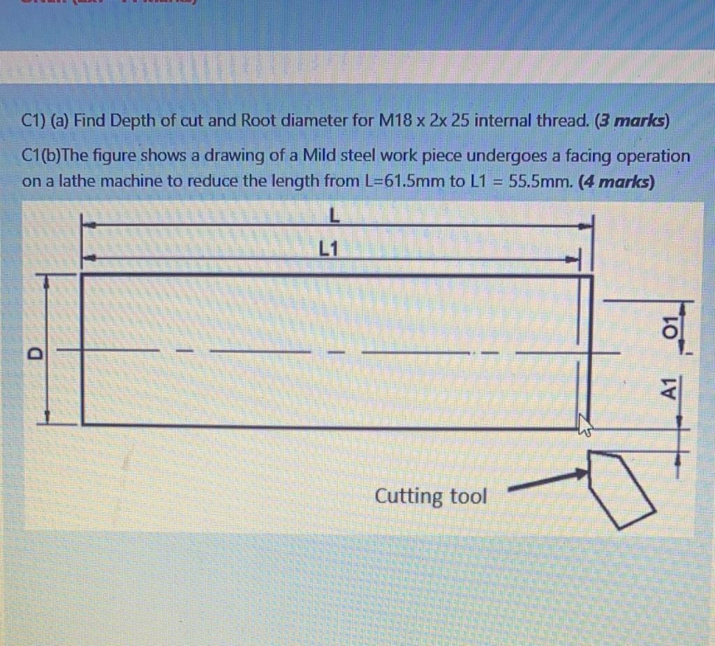Solved C1) (a) Find Depth of cut and Root diameter for M18 x | Chegg.com