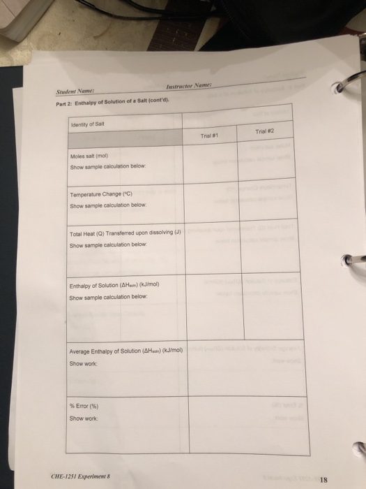 Student Name: Instructor Name: Part 2: Enthalpy of | Chegg.com