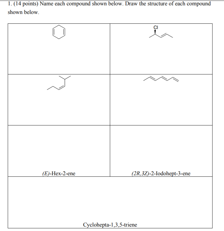 Solved 1. (14 points) Name each compound shown below. Draw | Chegg.com