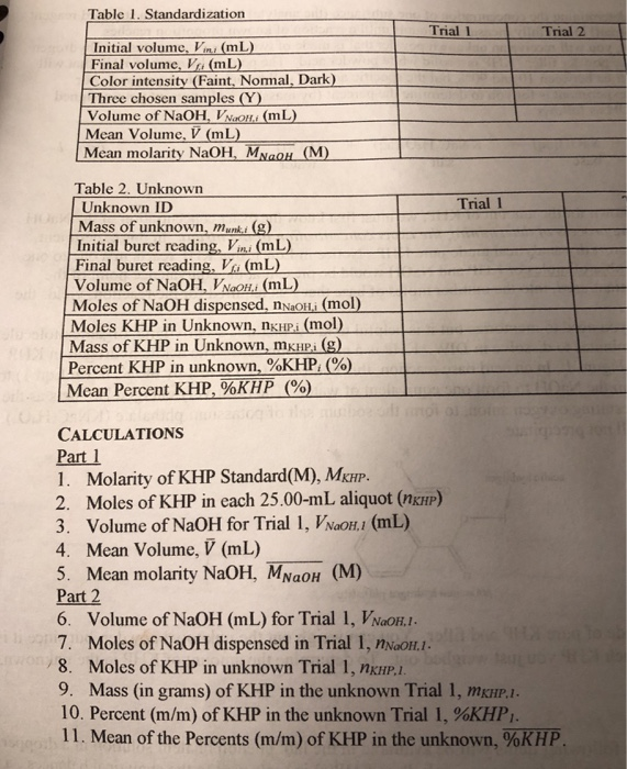 Solved Table 1. Standardization Trial 1 Trial 2 Initial | Chegg.com