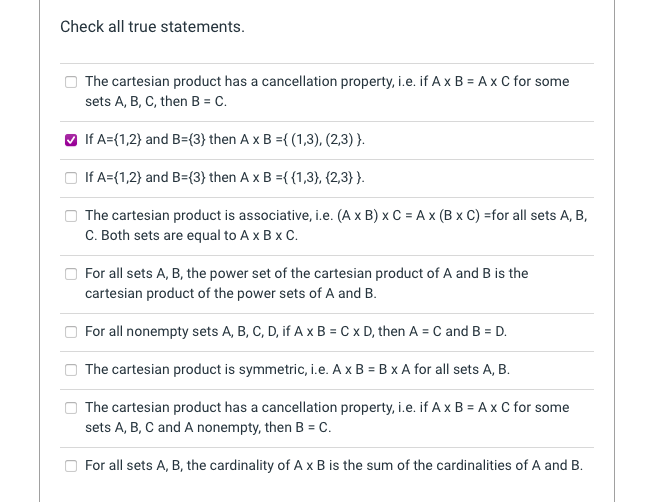 Solved Check all true statements. The cartesian product has | Chegg.com