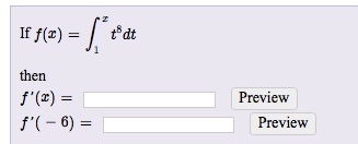Solved If f(x) = integral^x_1 t^8 dt then f'(x) = f'(-6) | Chegg.com