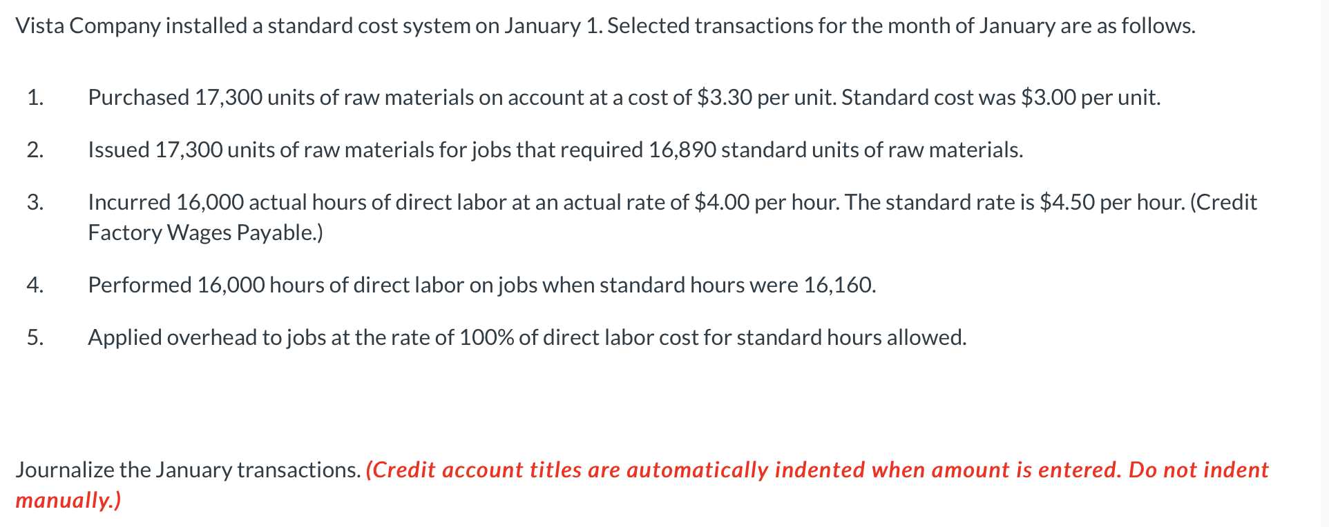 Solved Vista Company installed a standard cost system on | Chegg.com