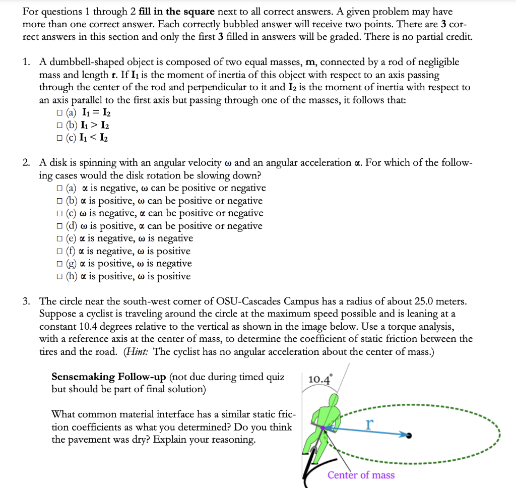 Solved For questions 1 through 2 fill in the square next to | Chegg.com