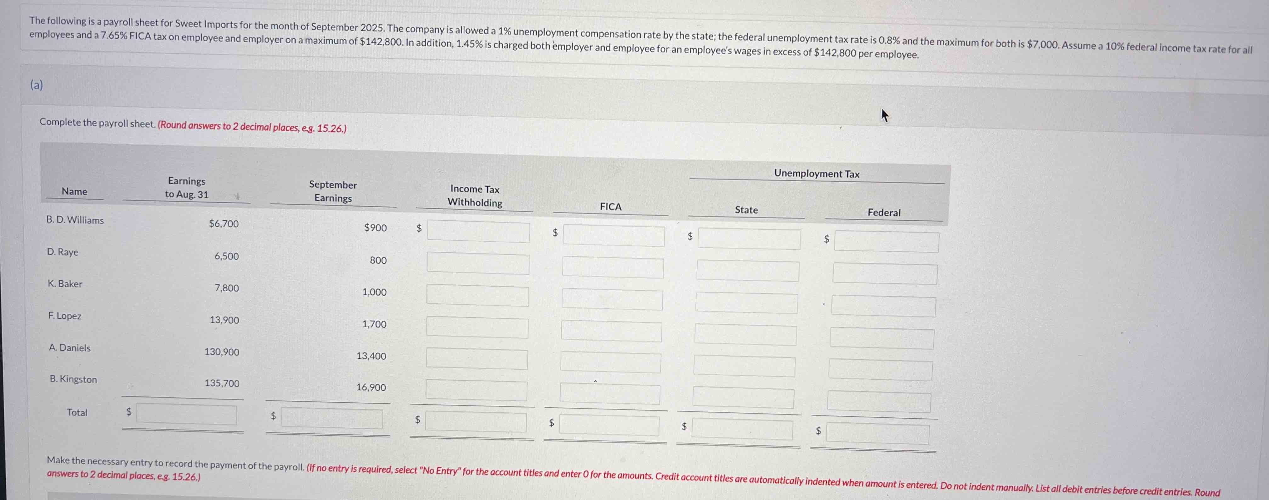 Solved (a) Complete the payroll sheet. (Round answers to 2 | Chegg.com