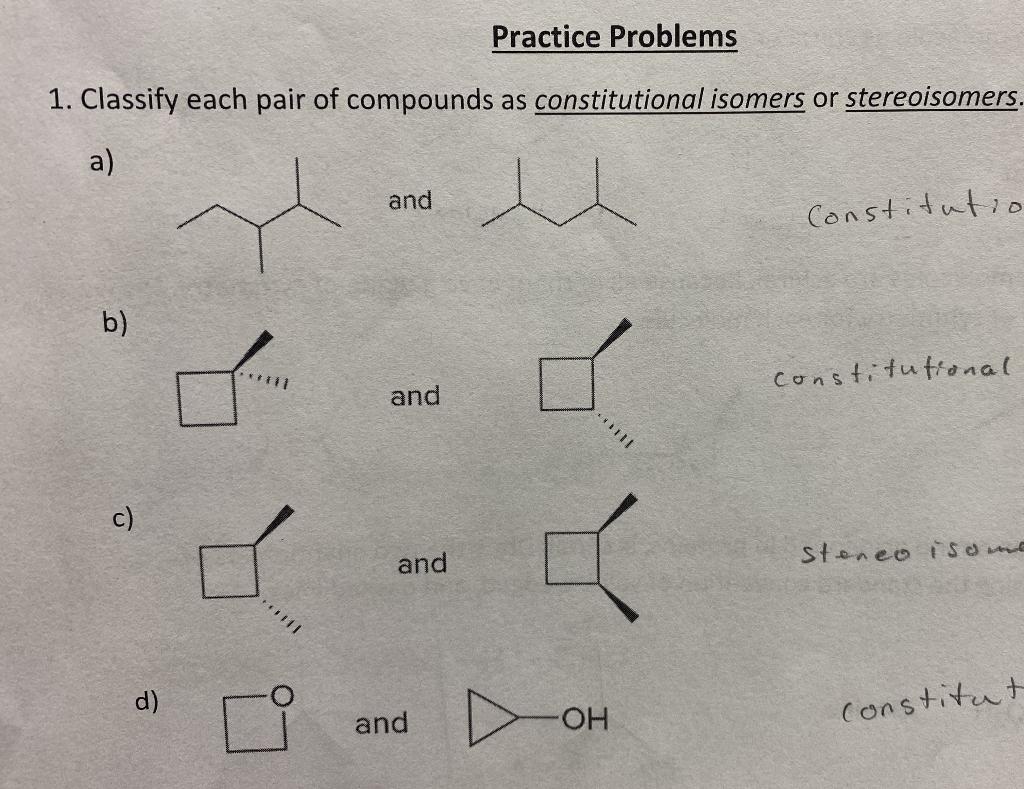 Solved 1. Classify each pair of compounds as constitutional | Chegg.com
