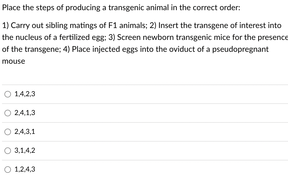 Solved Place the steps of producing a transgenic animal in | Chegg.com