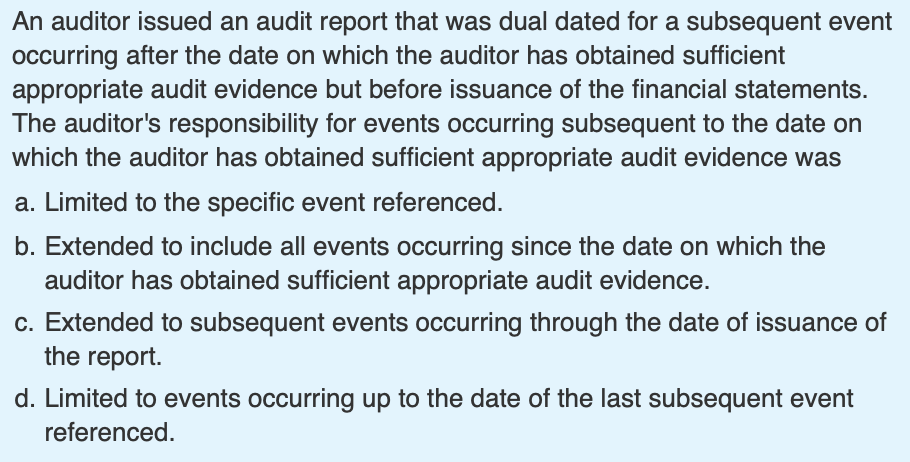 Solved An auditor issued an audit report that was dual dated | Chegg.com