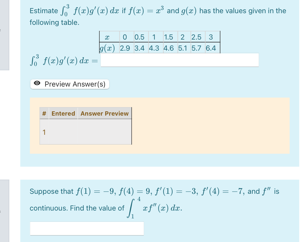Solved Estimate So f(x)g' () dx if f(x) = x3 and g(x) has | Chegg.com