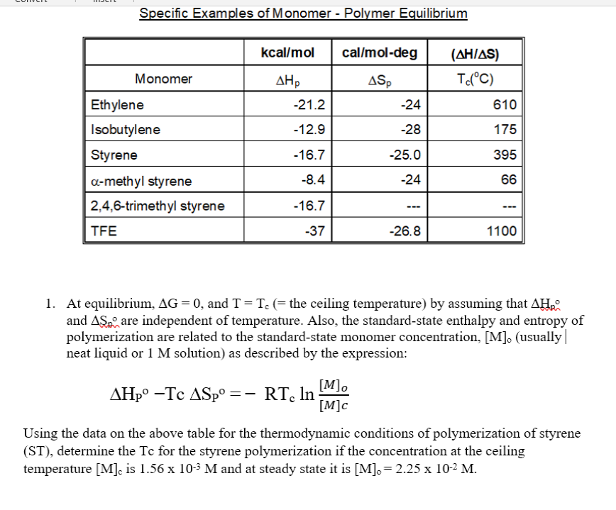Solved Specific Examples of Monomer - Polymer Equilibrium | Chegg.com