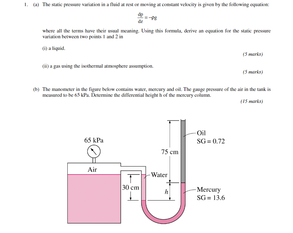 Solved 1. (a) The static pressure variation in a fluid at | Chegg.com