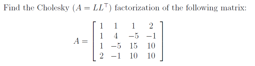 Solved Find the Cholesky (A = LLT) factorization of the | Chegg.com